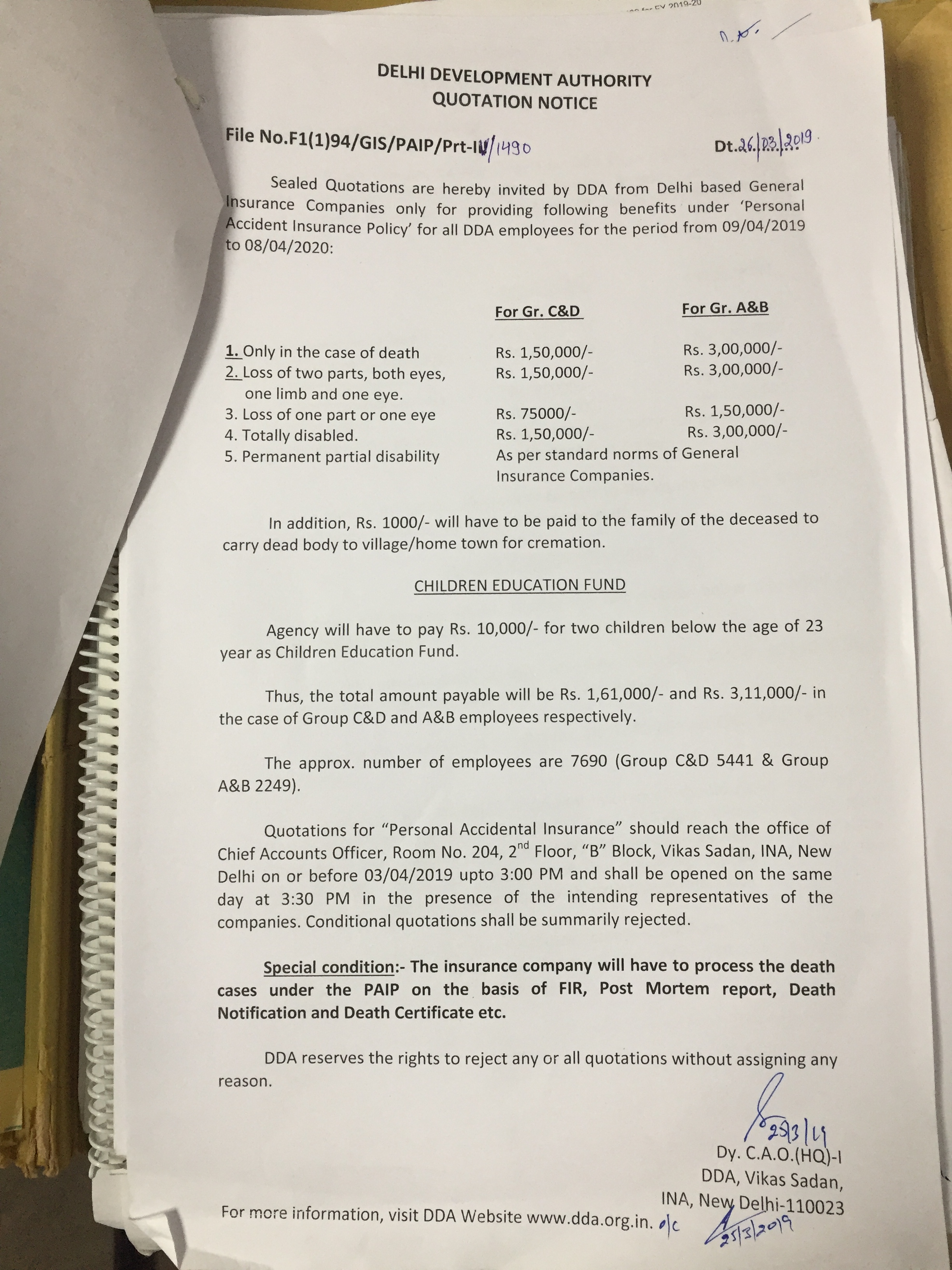 Personal Accident Insurance Policy for all DDA employees for the period ...